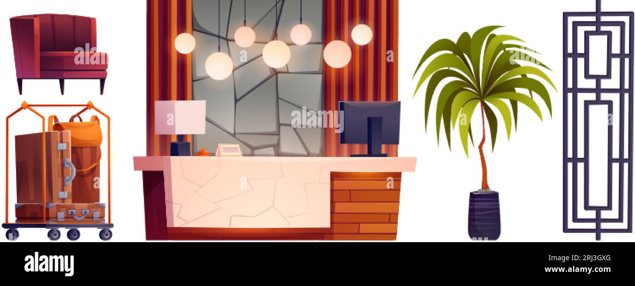 Hotel reception and lobby interior isolated cartoon vector set ...