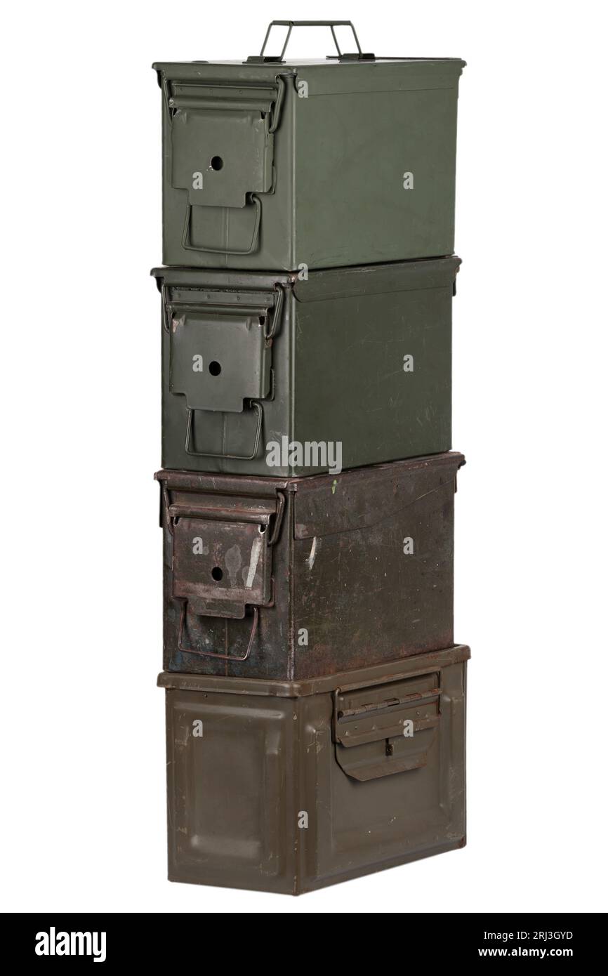 Stack of US army ammo cans isolated on white background Stock Photo - Alamy