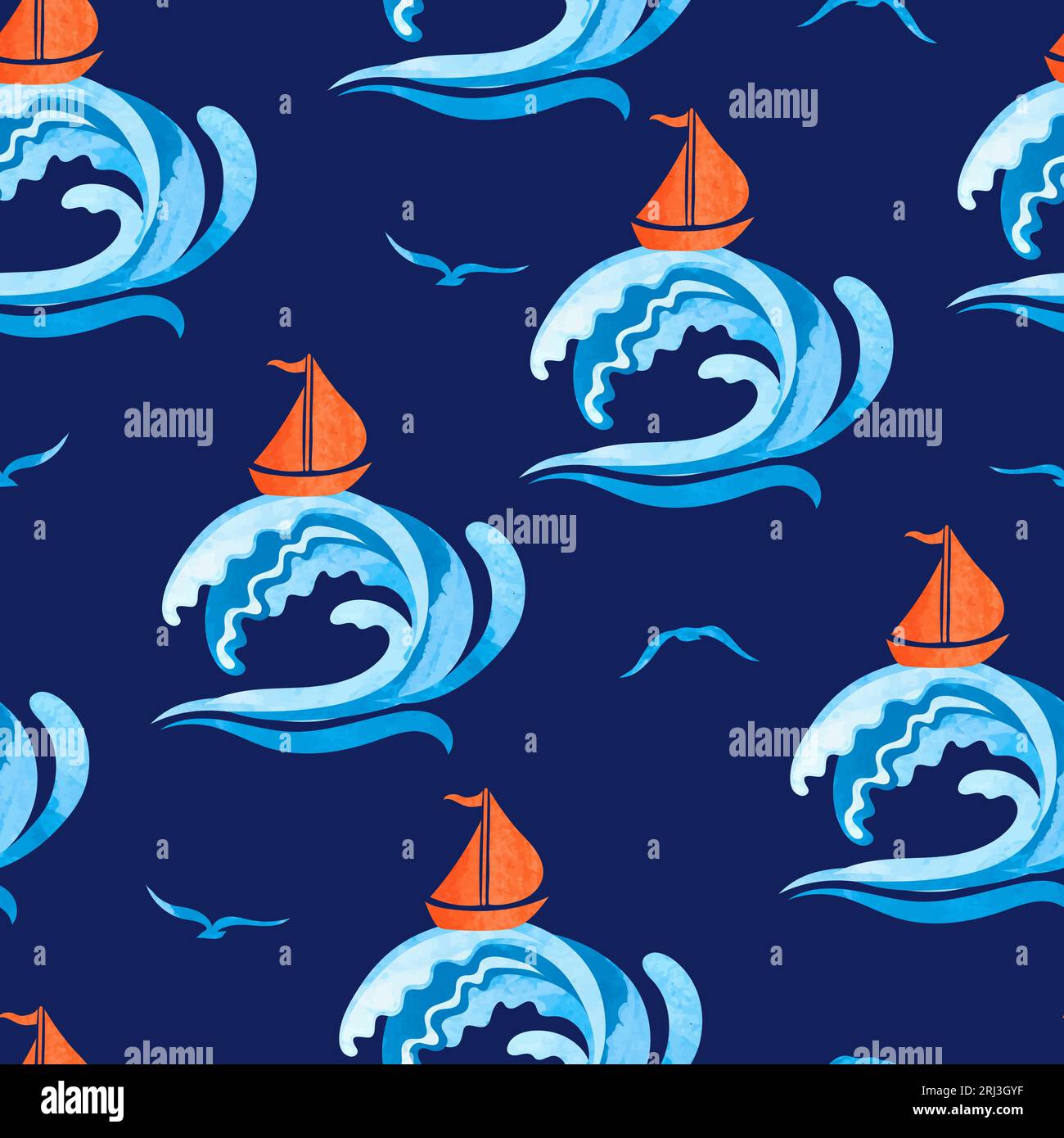 Seamless abstract watercolor sea pattern. Boats and waves. Vector ...