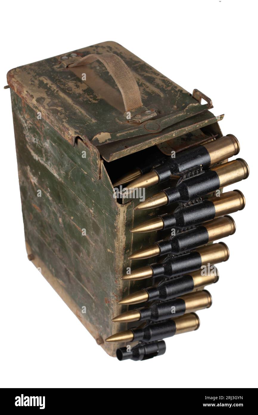 Ammo box with ammunition belt and 14.5mm cartridges for a 14.5mm KPVT ...