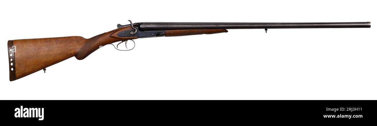 Classical double-barrel side-by-side hammer shotgun isolated on white ...