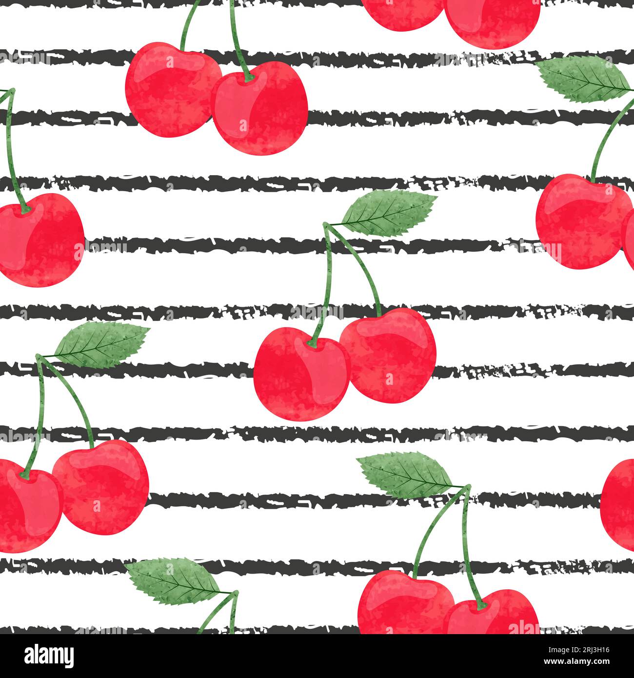 Seamless striped pattern with watercolor cherry. Vector background ...