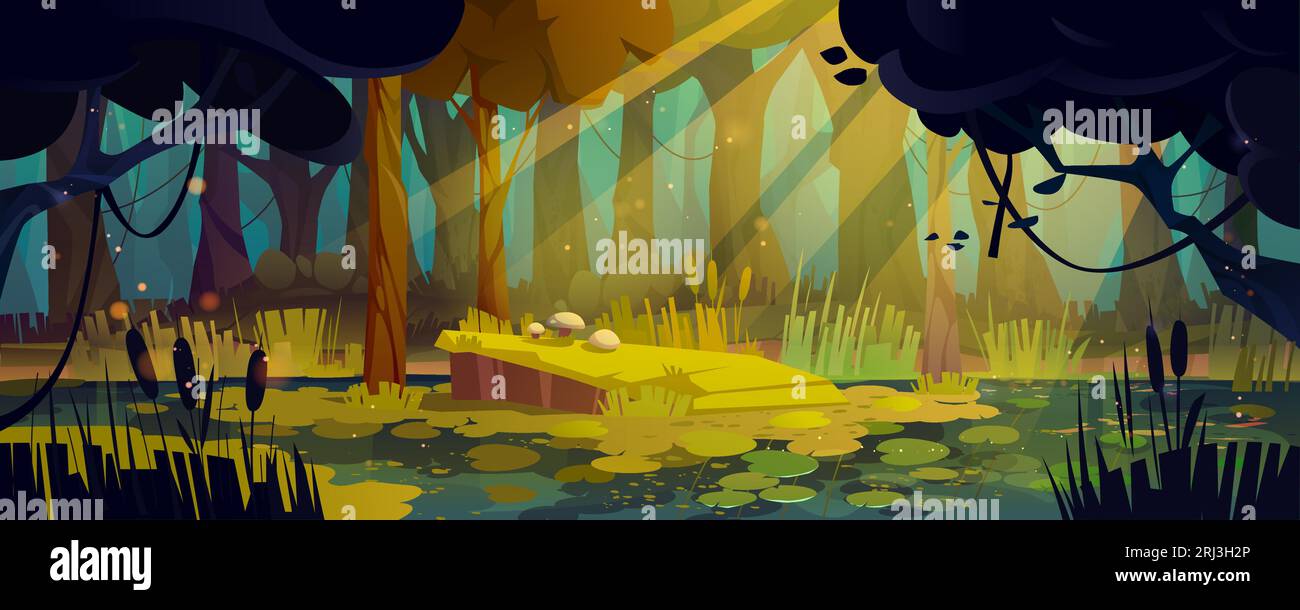 Deep forest landscape with swamp. Vector cartoon illustration of ...