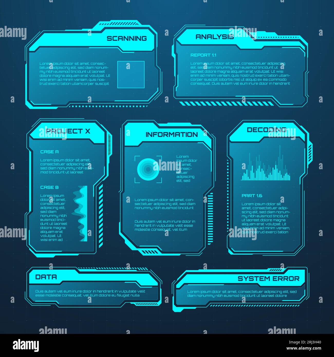 Blue futuristic HUD or UI elements. Sci-fi user interface text boxes ...