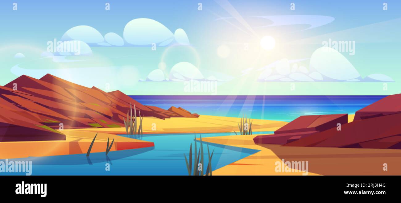 River delta landscape with water flowing into sea. Vector cartoon ...