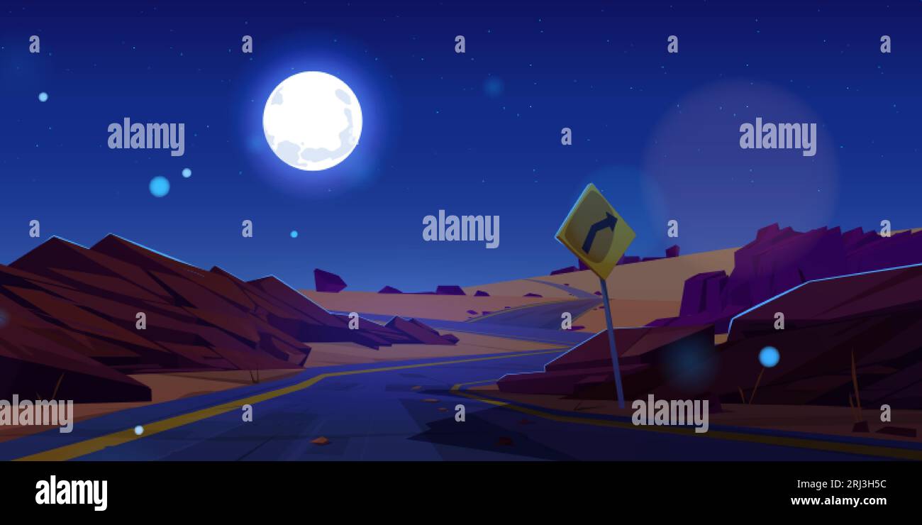Curve desert road night landscape vector background with turn sign ...