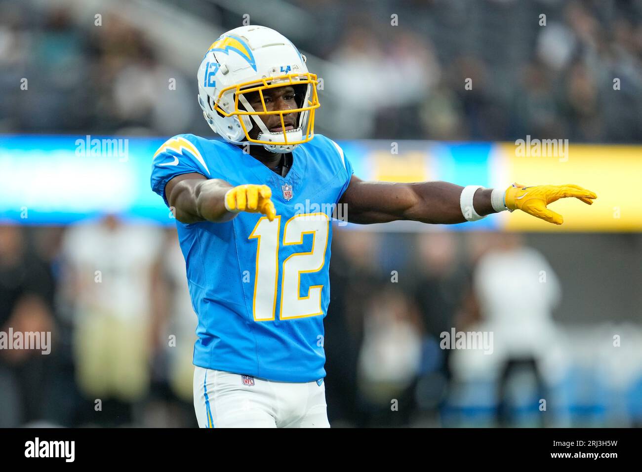 Los Angeles Chargers wide receiver Derius Davis (12) reacts on a punt ...