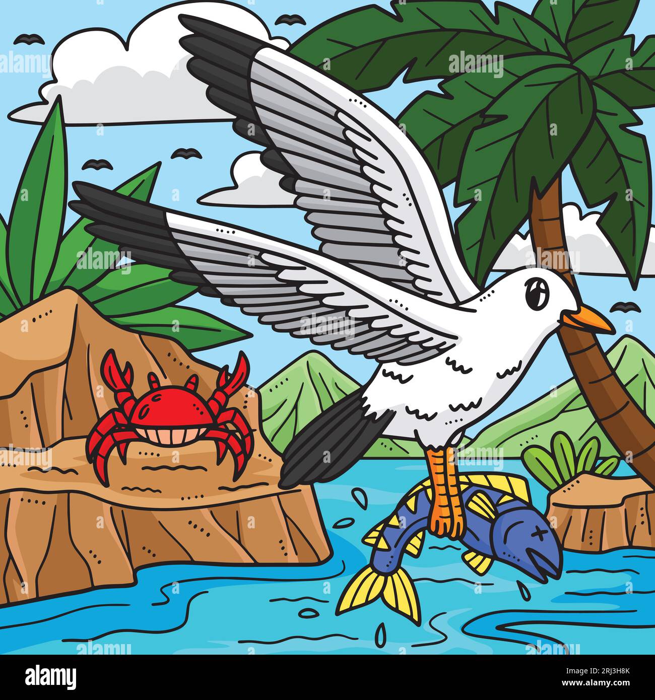 Summer Sea Gull Catching Fish Colored Cartoon Stock Vector Image & Art ...