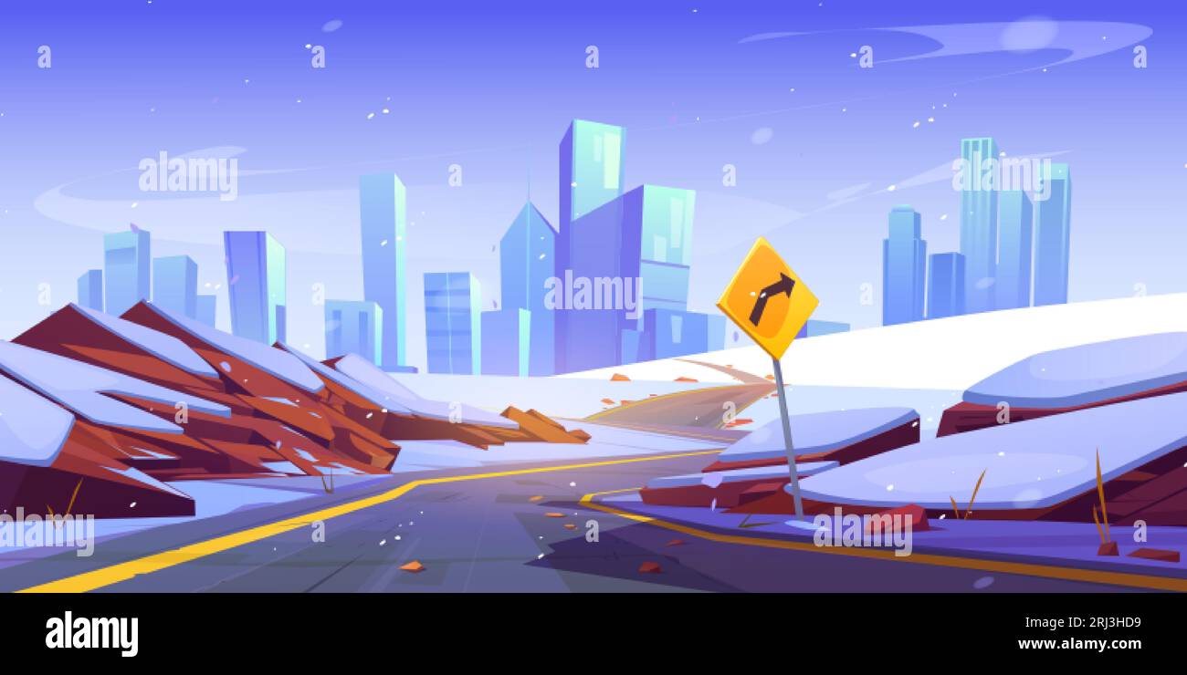 Winter city landscape with curve road and snow cartoon vector ...