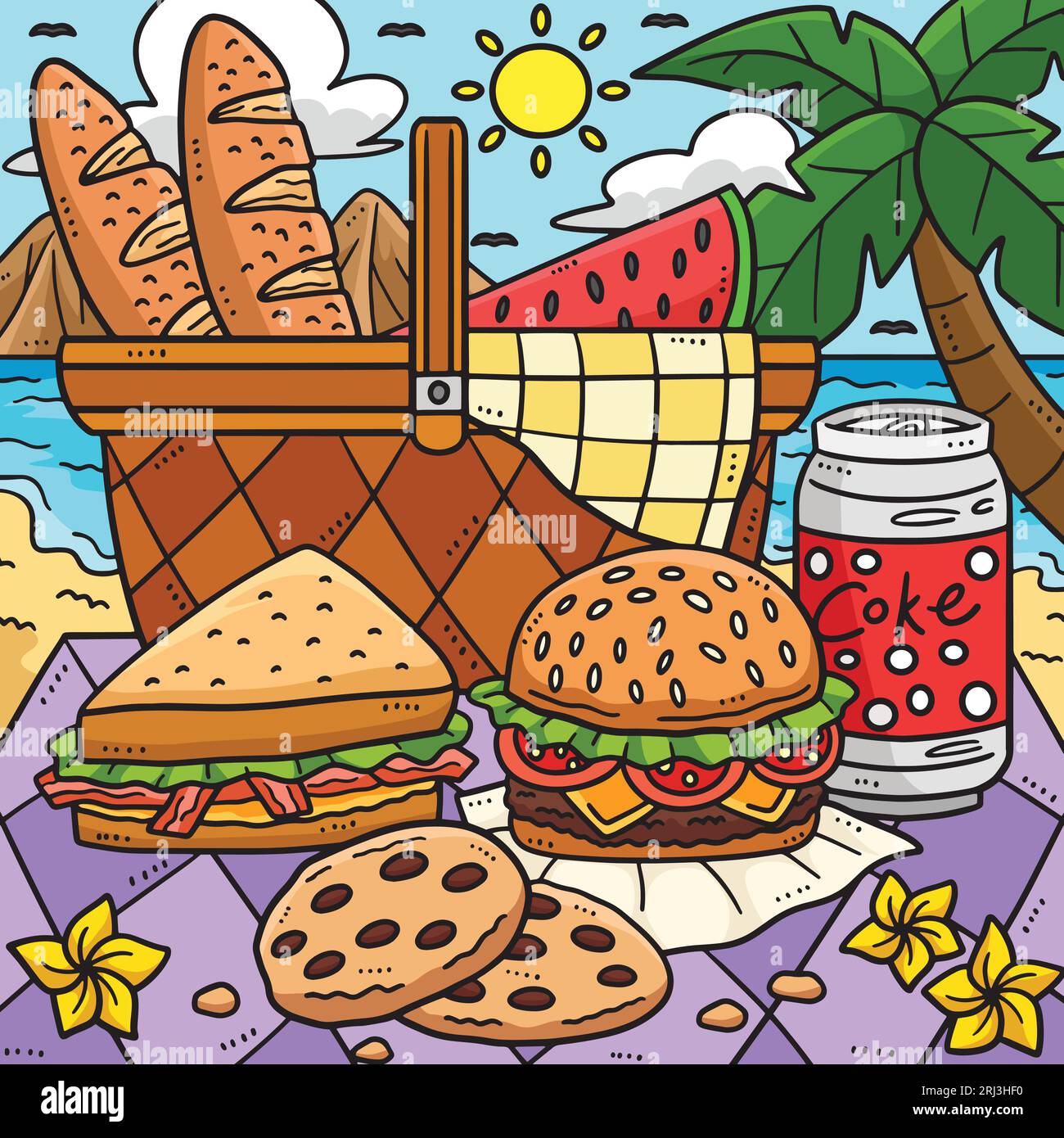 Summer Picnic Food by the Shore Colored Cartoon Stock Vector Image ...