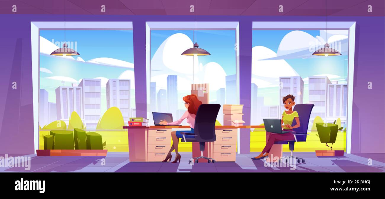 Woman work inside office room with window vector. Employee character ...