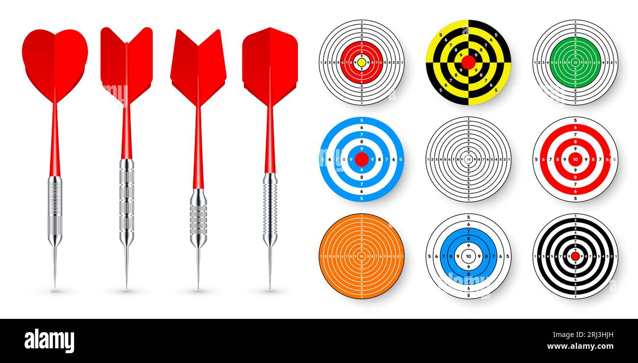 Paper targets with dart arrows and shadows. Shooting range round target ...