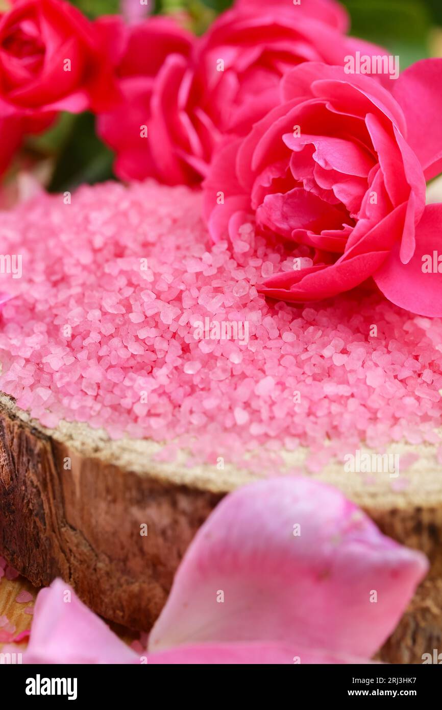 spa salt with rose extract and pink rose flowers close-up. Rose ...
