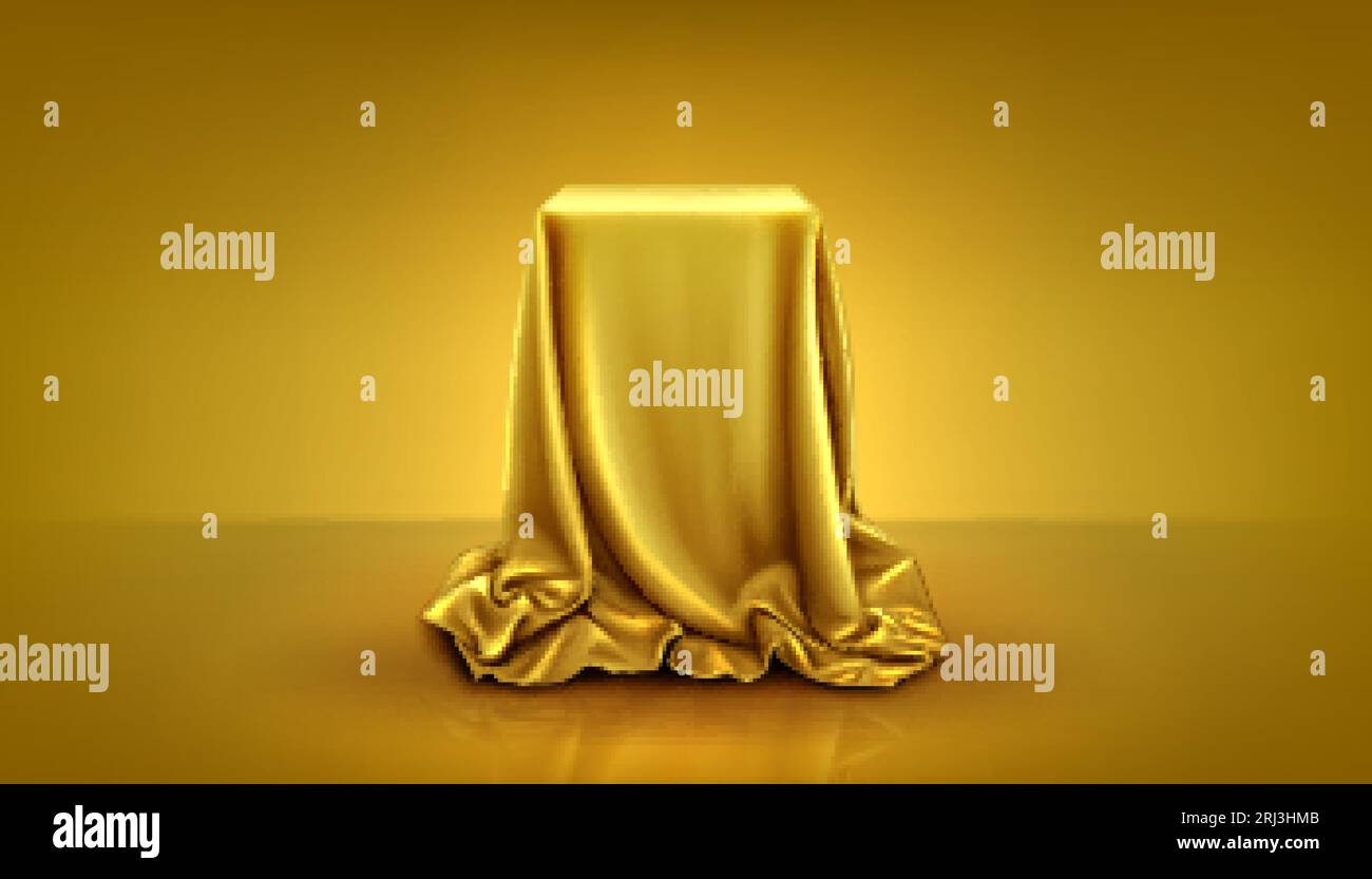 Realistic square podium covered with golden silk cloth. Vector ...