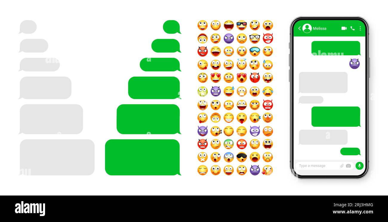 Smartphone messaging app, user interface design with emoji. SMS text ...