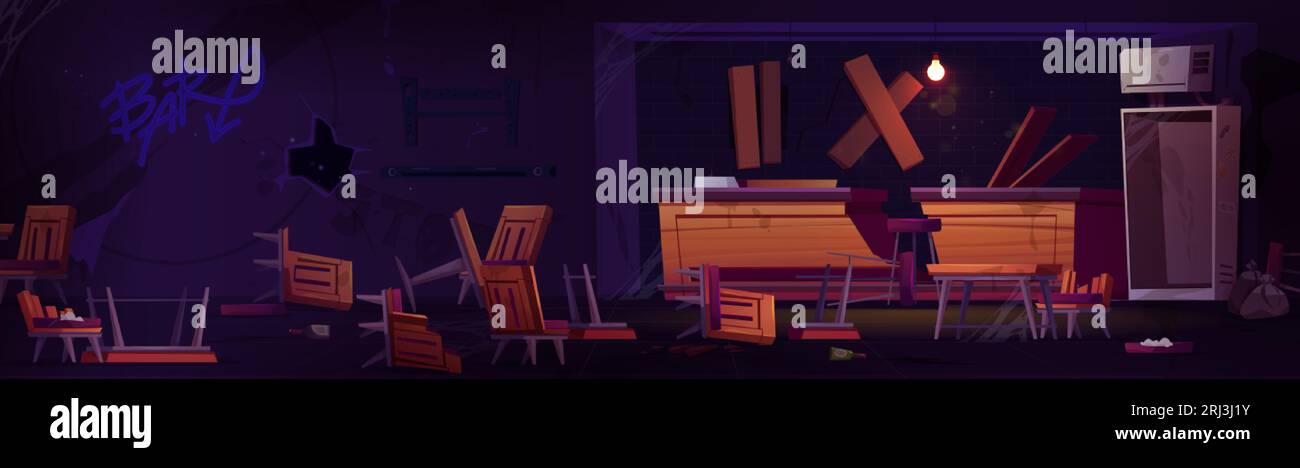 Abandoned bar interior with damaged furniture. Vector cartoon ...
