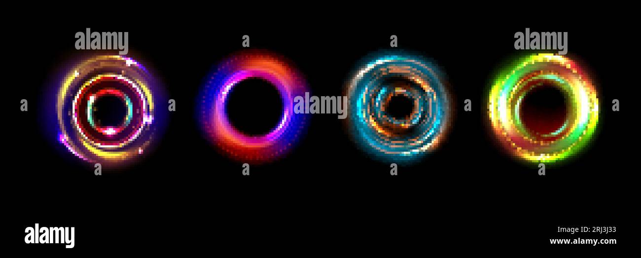 Circle halo light effects, neon rings of lens flare. Abstract radial ...