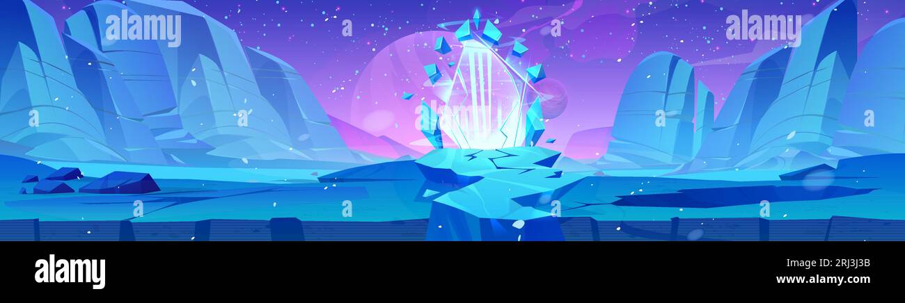Fantasy ice space background with magic portal in winter. Frozen snow ...