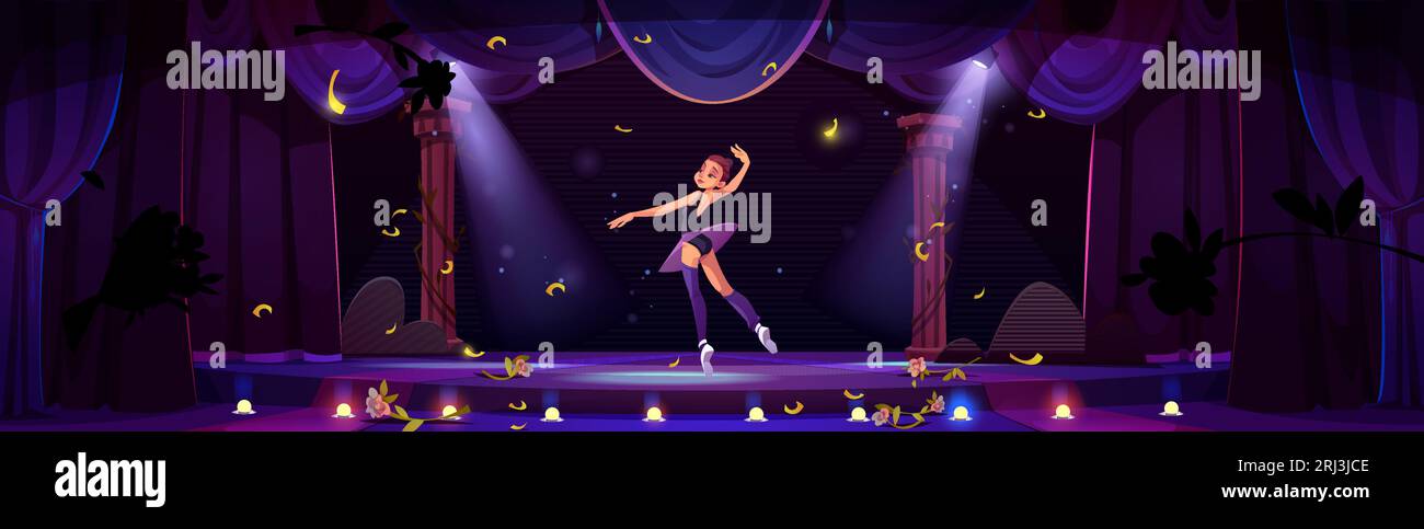 Ballerina performing on theater stage. Vector cartoon illustration of ...