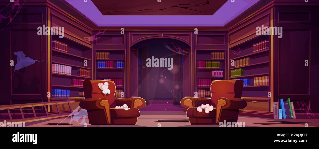 Abandoned dirty library room with bookshelf vector background. Interior ...