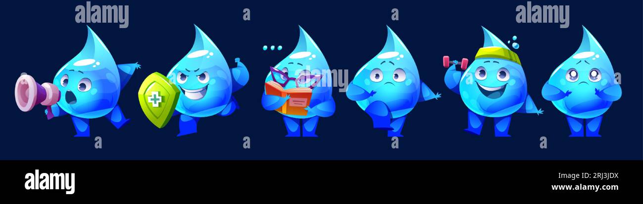 Cartoon set of water drop mascots with different emotions. Vector ...