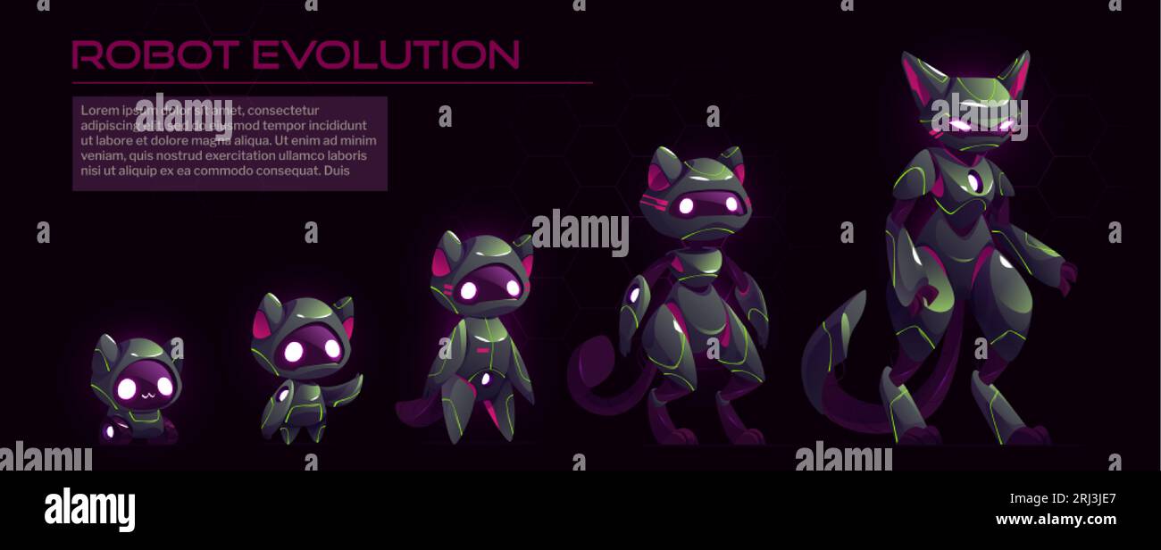 Cartoon set of cat robot evolution levels. Vector illustration of ...