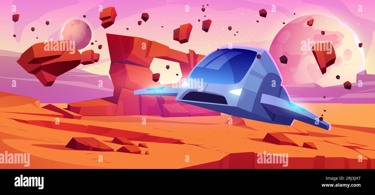 Dry wilderness landscape with spaceship on mars planet cartoon vector ...