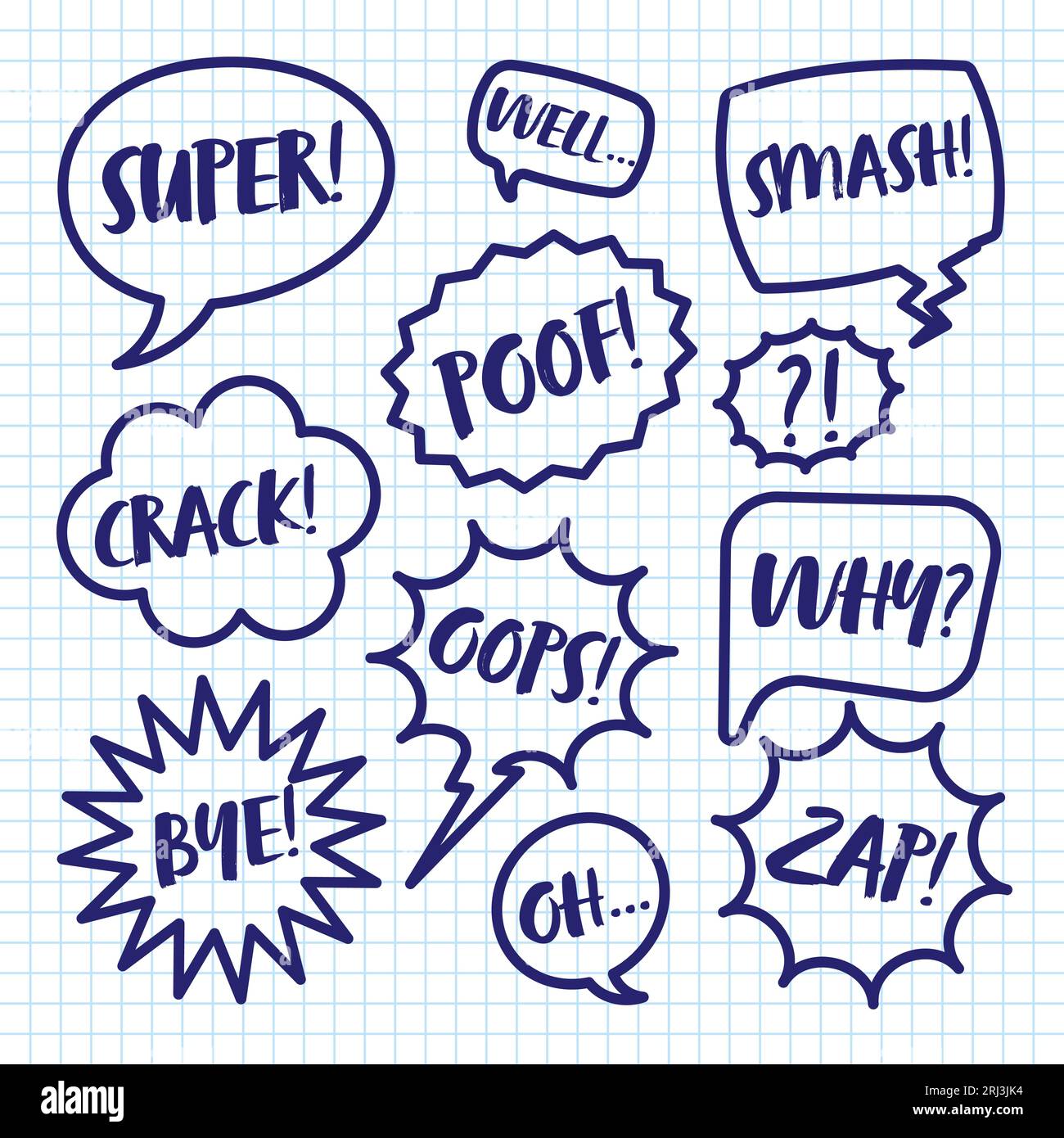 Hand drawn comic speech bubbles on checkered paper sheet. School ...
