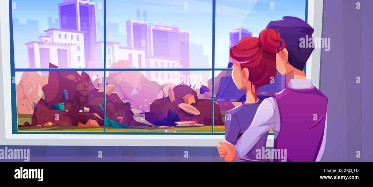 Couple looking at urban landfill through window. Vector cartoon ...
