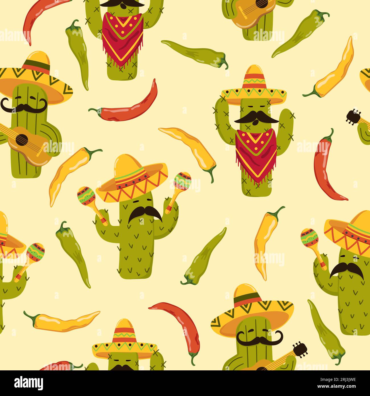 Seamless colorful Mexican pattern with cartoon cactus and chili pepper ...