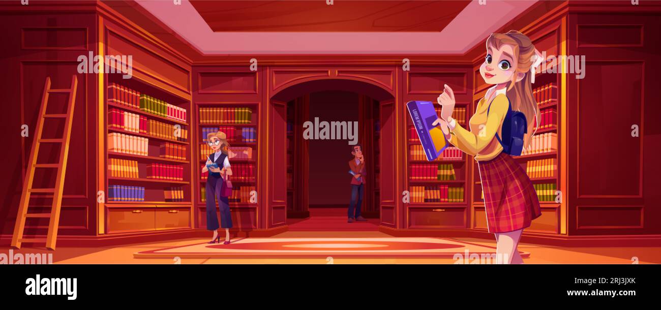 School library room with bookshelf and student vector cartoon ...