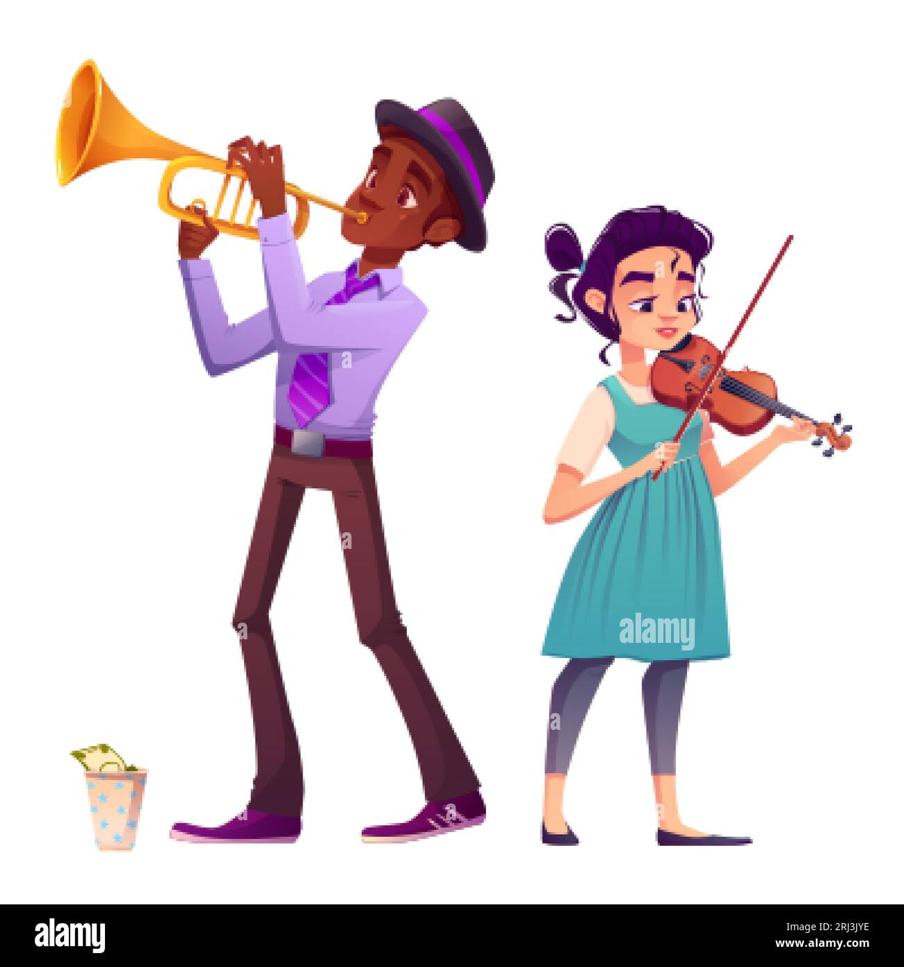 Male and female street musicians playing trumpet and violin to raise ...