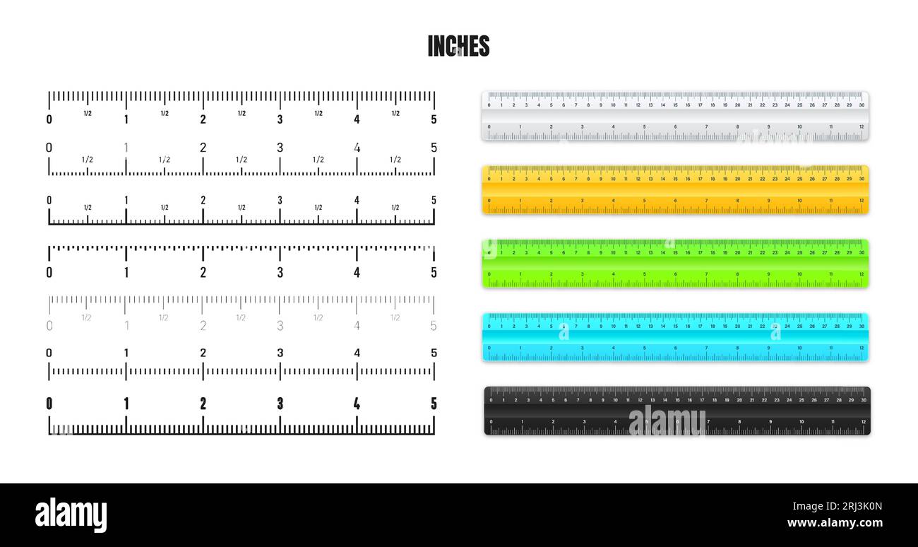 Realistic plastic rulers with black inch scale for measuring length or ...