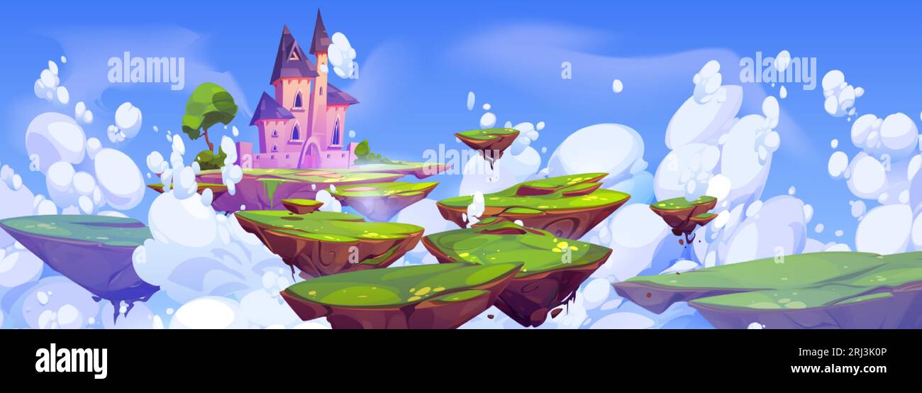 Fantasy castle on floating island in sky cartoon landscape. Magic ...
