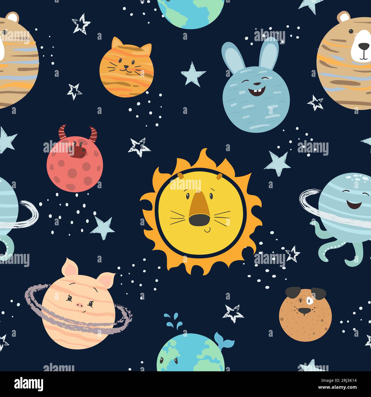 Cartoon solar system pattern. Space vector background with cute planets ...