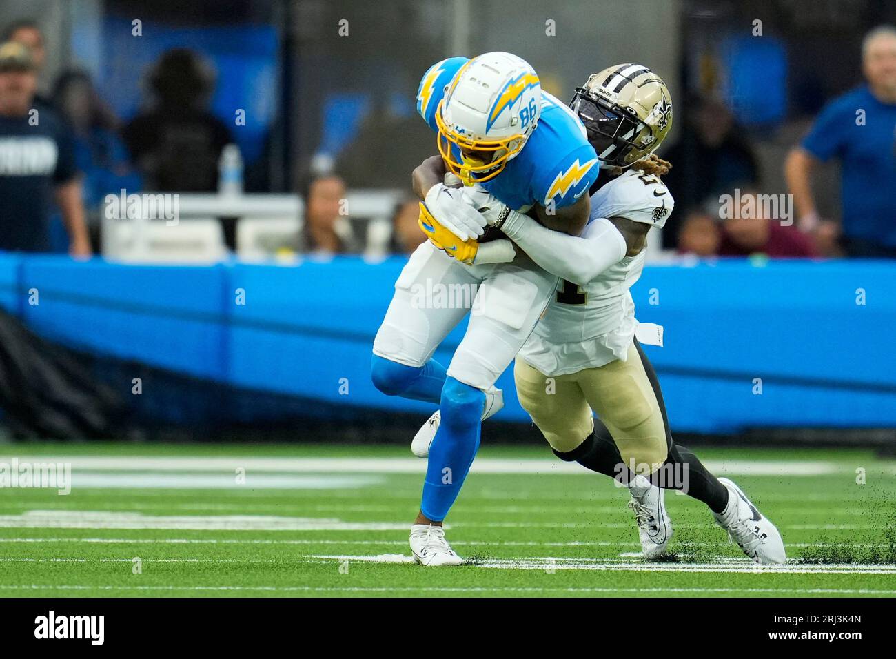 Los Angeles Chargers wide receiver Keelan Doss (86) is tackled by New ...