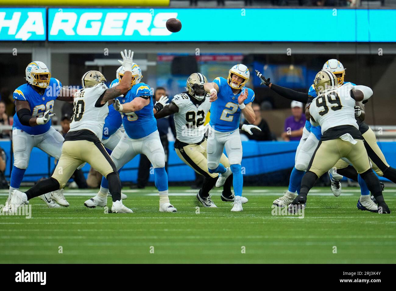 Los Angeles Chargers quarterback Easton Stick (2) passes in the first ...