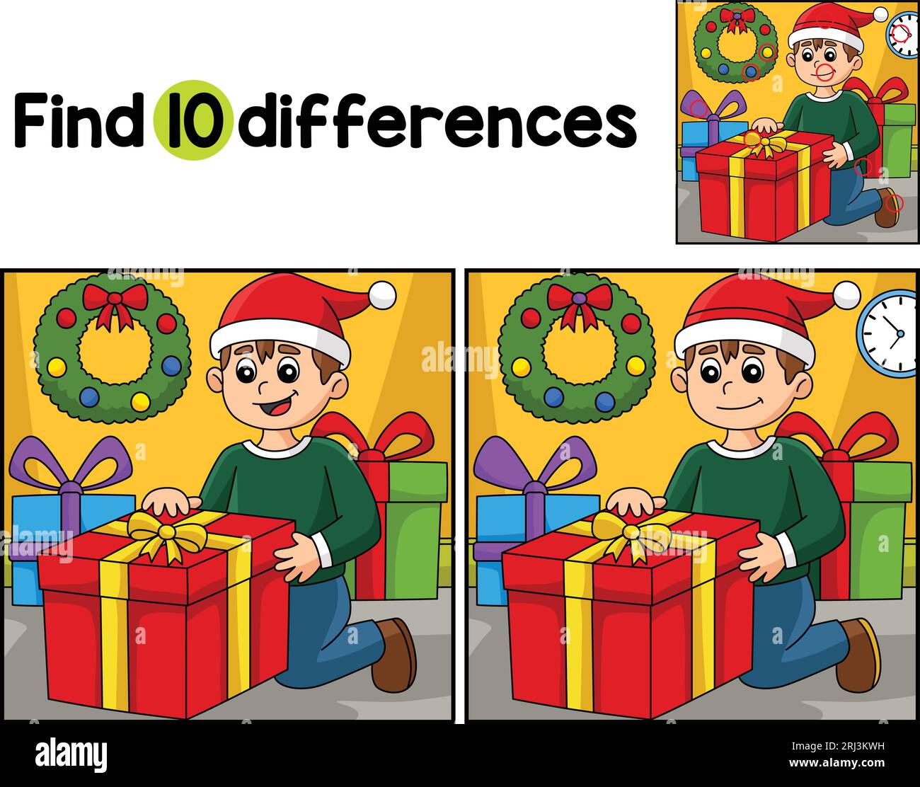 Christmas Boy Opening Gift Find The Differences Stock Vector Image ...