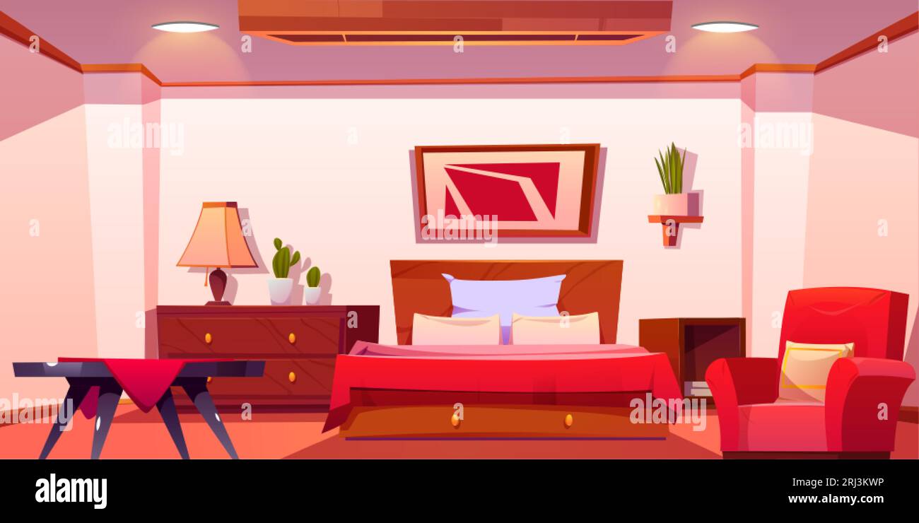Hotel bedroom interior design. Vector cartoon illustration of room with ...