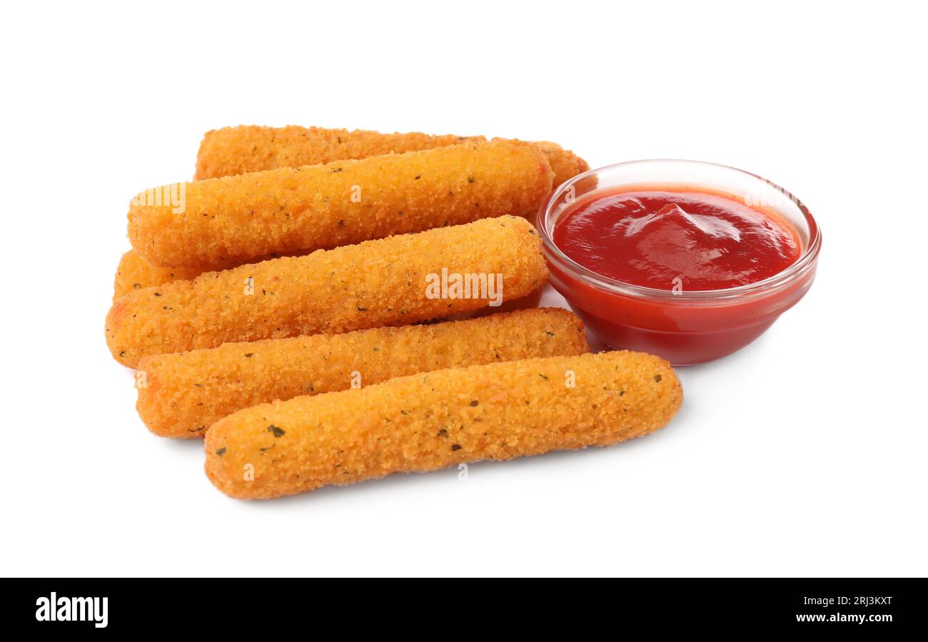 Tasty cheese sticks with ketchup on white background Stock Photo - Alamy