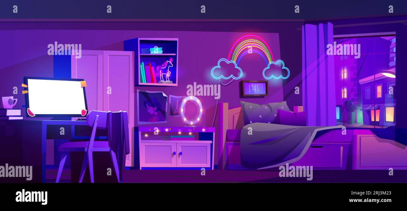 Teen girls bedroom at night. Vector cartoon illustration of tidy room ...