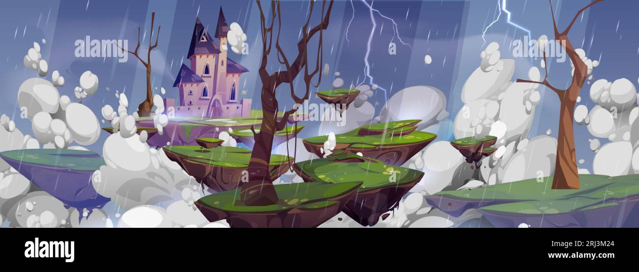 Cartoon rain game background with fantasy castle. Scary halloween ...