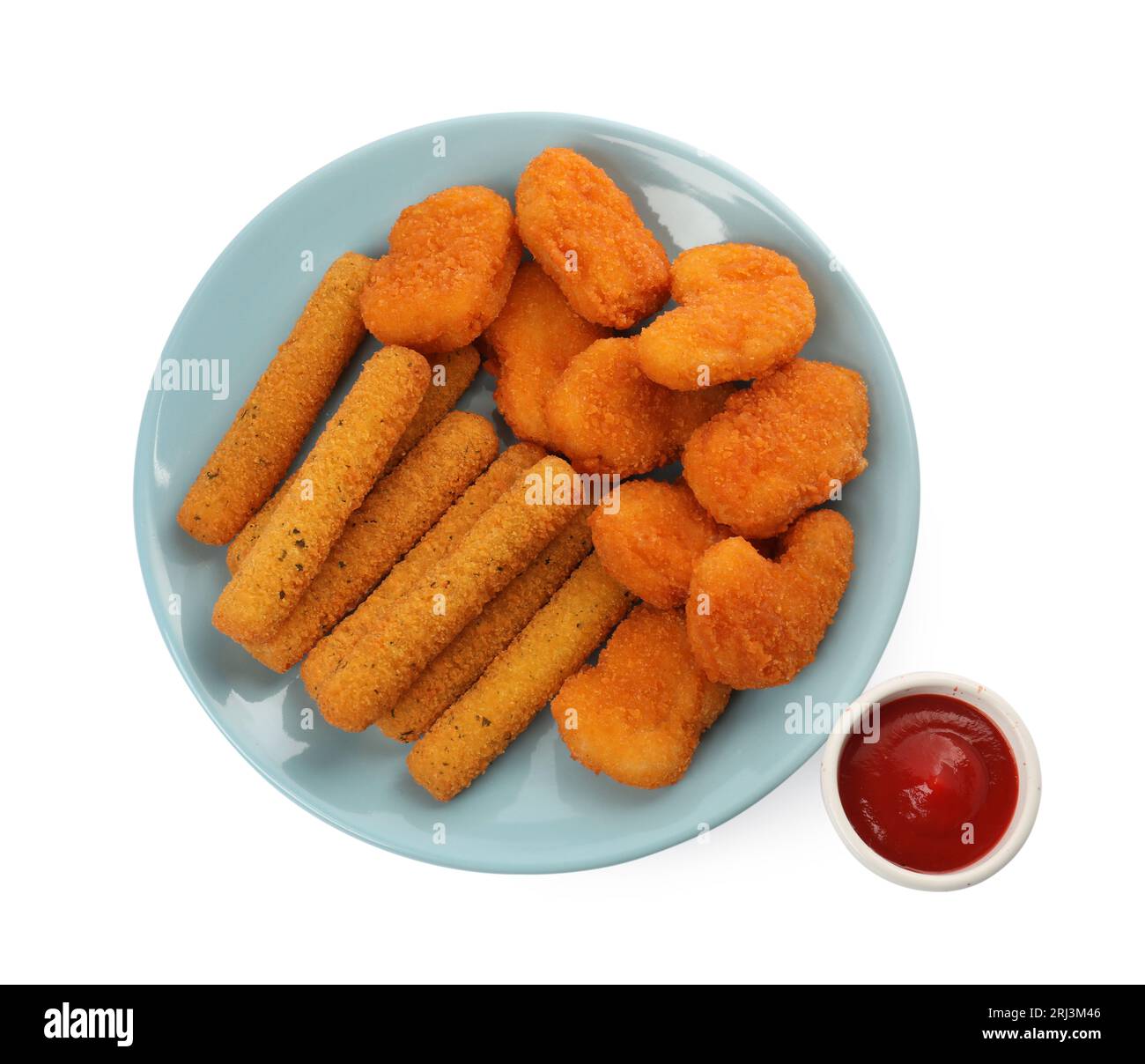 Tasty chicken nuggets, cheese sticks and ketchup on white background ...