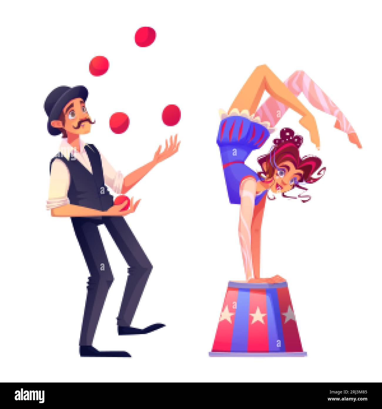Male juggler and female acrobat isolated on white background. Vector cartoon illustration of ...