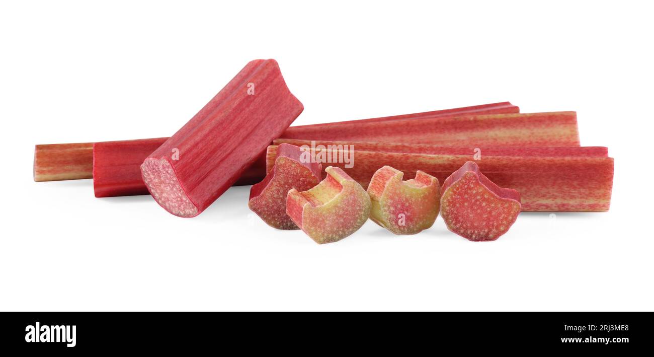 Cut fresh ripe rhubarb isolated on white Stock Photo - Alamy