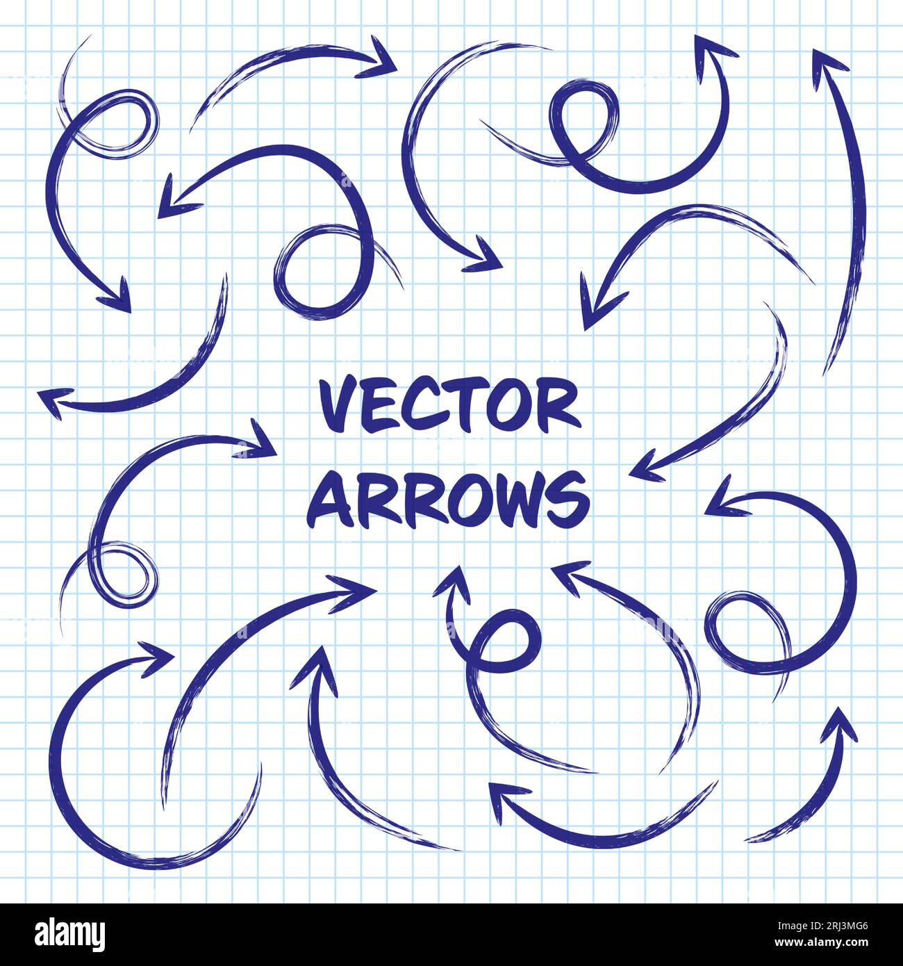 Grunge hand drawn arrows on checkered paper sheet. School notebook for ...