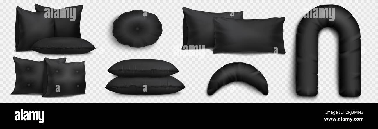 Realistic set of black pillows isolated on transparent background. Vector illustration of square ...