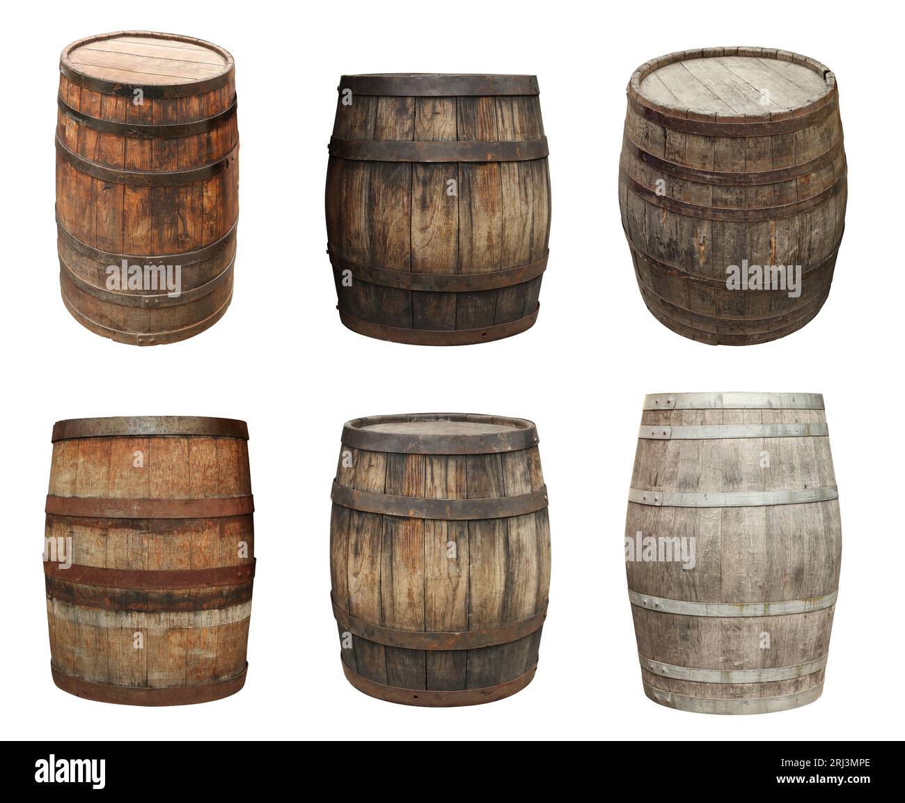 Set with different wooden barrels isolated on white Stock Photo - Alamy