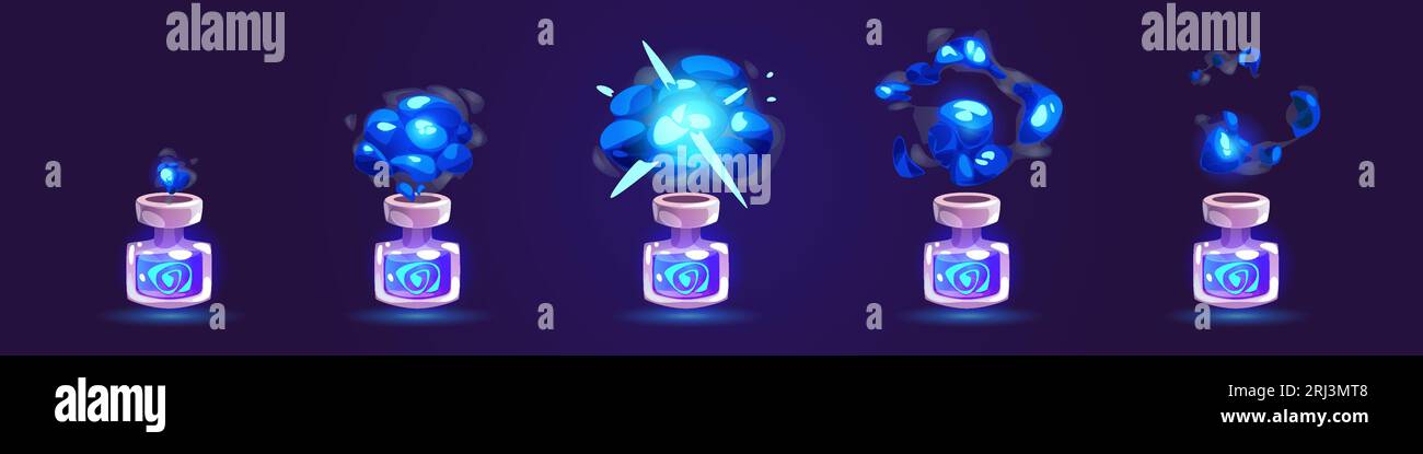 Blue game elixir bottle with cloud animation sprite isolated on ...