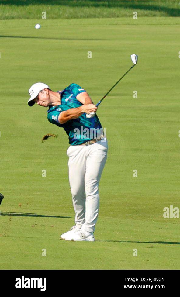 OLYMPIA FIELDS, IL - AUGUST 20: PGA golfer Viktor Hovland hits his 2nd shot on the 18th hole ...